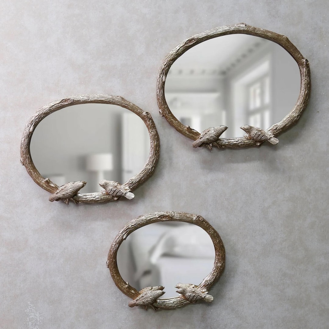 Set of 3 Oval Rustic Mirrors / Vintage Gold Branch Mirrors With Bird ...