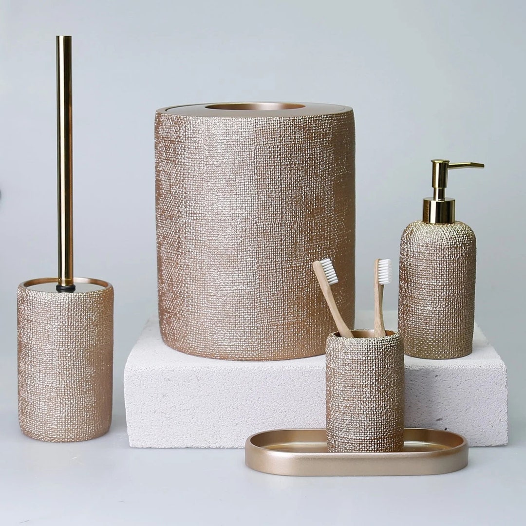 Natural 5 Pieces Bathroom Set in Taupe Color With Waste Bin, Toilet ...