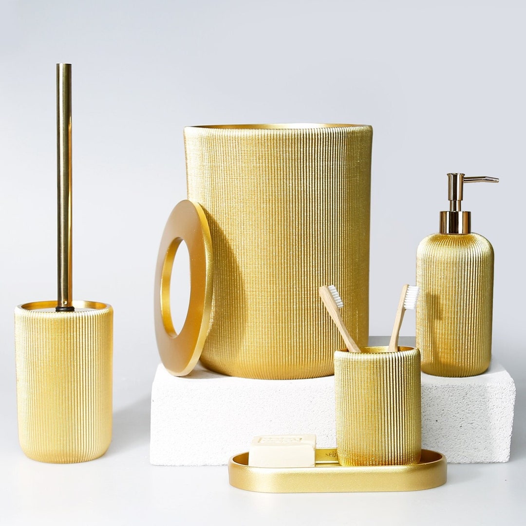 Rising 5 Pieces Bathroom Set in Gold Color With Dustbin, Toilet Brush ...