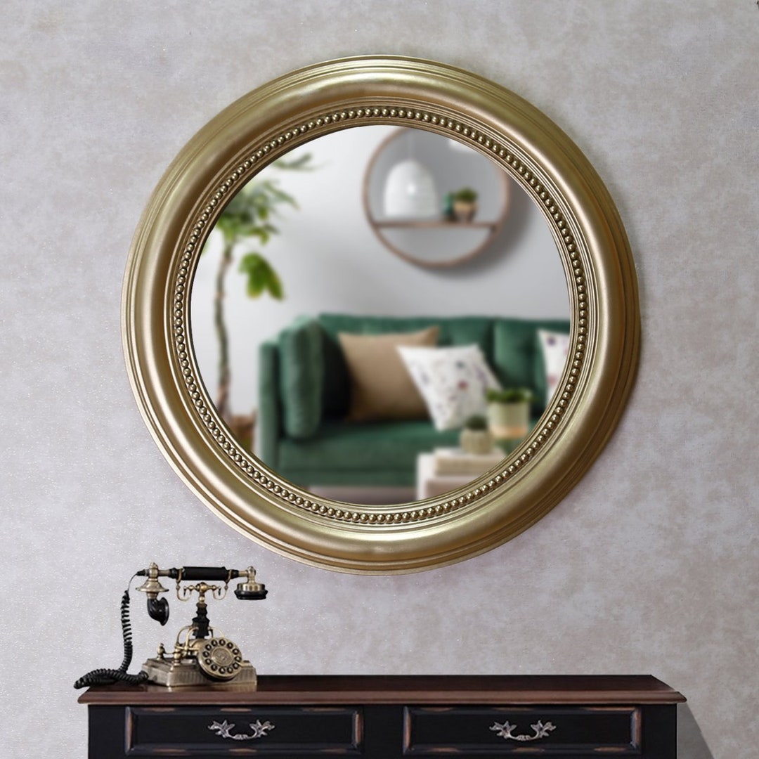 Round Wall Mirror / 20 Inches Round Wall Mirror / Resin Frame With Gold ...