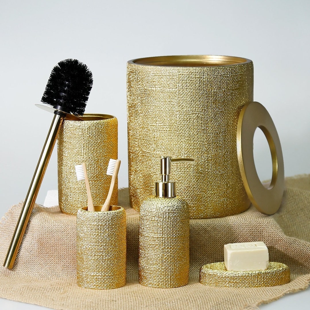 Natural 5 Pieces Bathroom Set in Gold Color With Dustbin, Toilet Brush ...