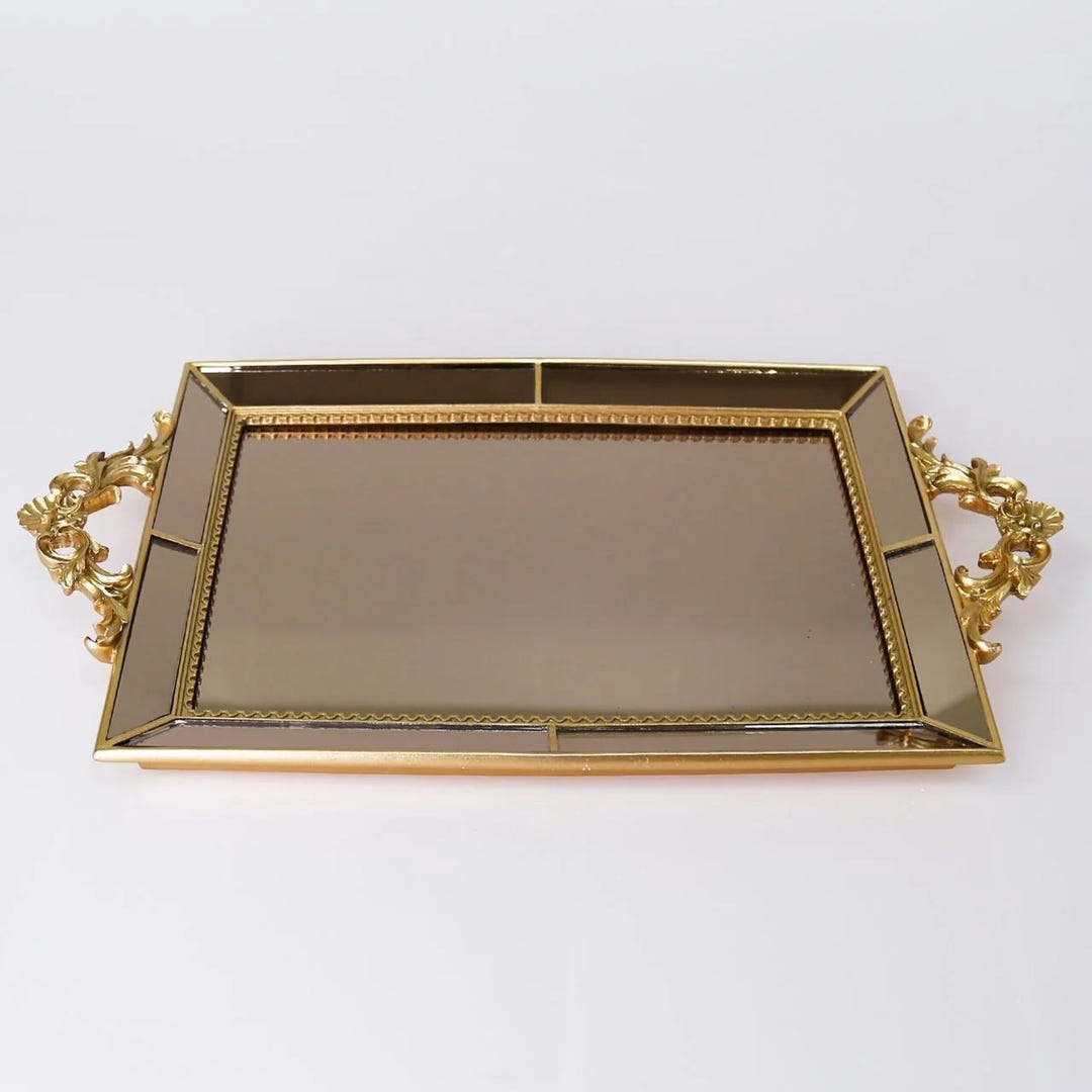 Julia Luxury Gold Mirrored Tray With Ornate Handles for Vanity or Decor ...