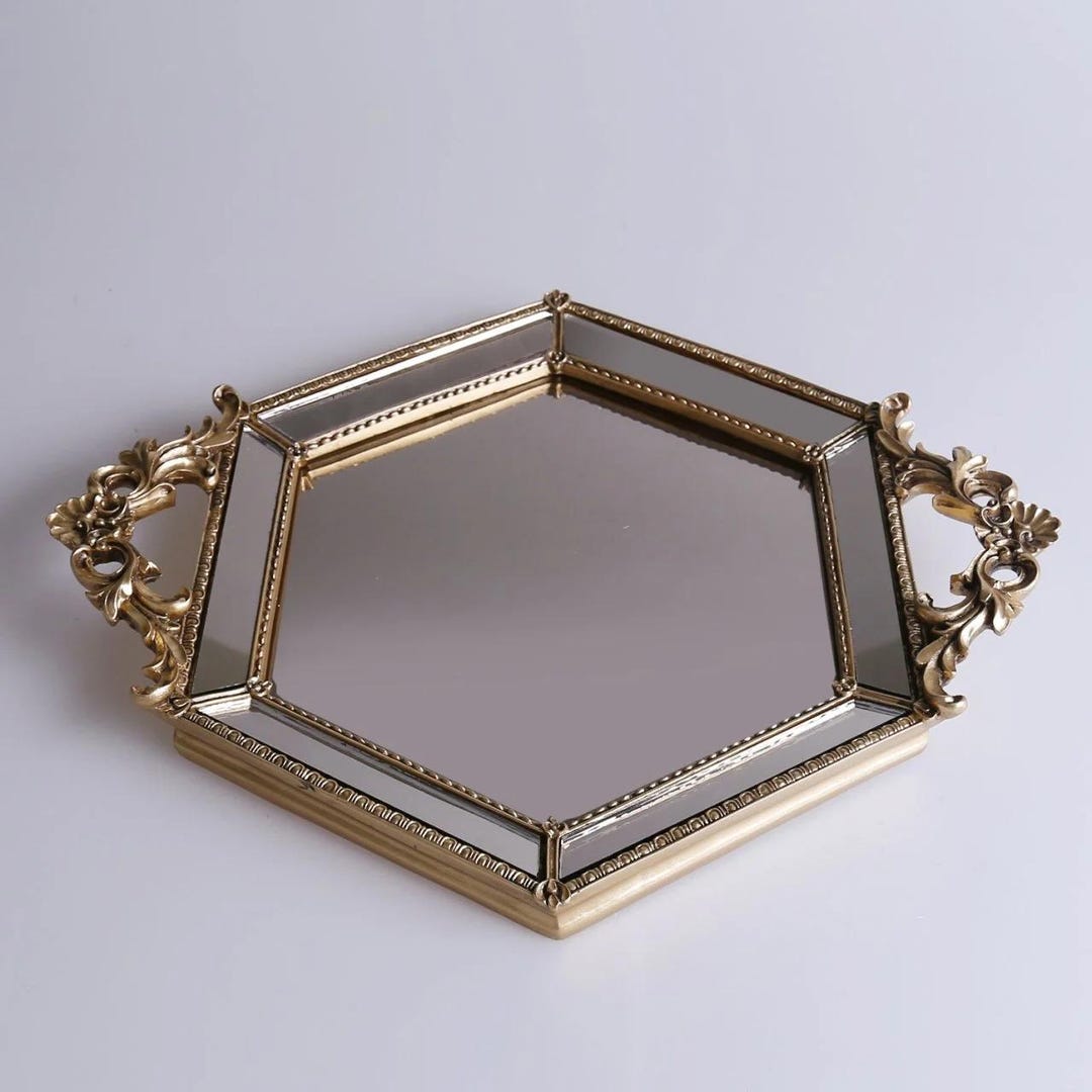Hexagonal Mirrored Tray: Vintage Style Gold Ornate Handle Vanity Tray ...