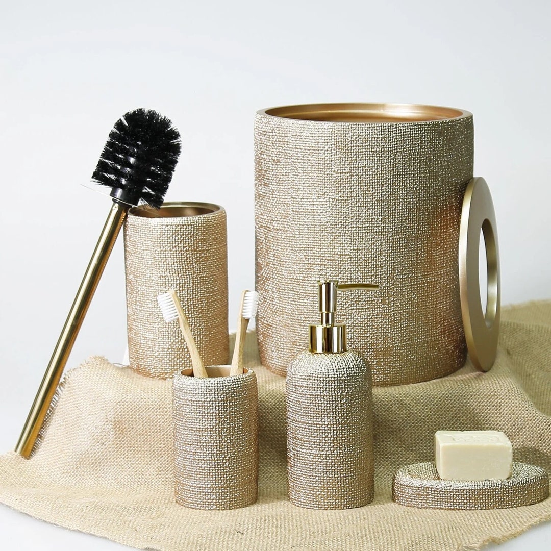 Natural 5 Pieces Bathroom Set in Taupe Color With Dustbin, Toilet Brush ...