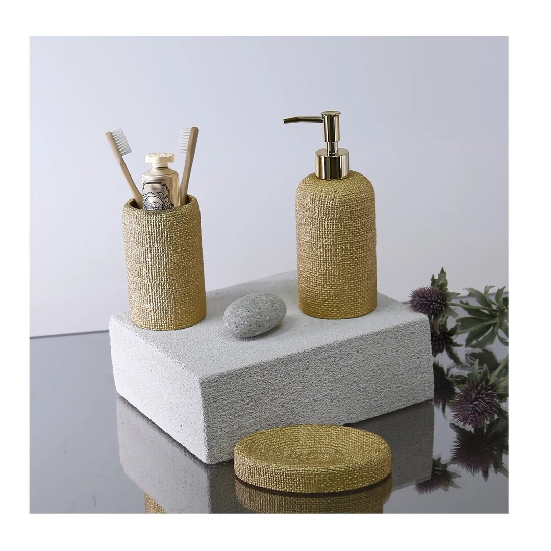 Natural Bathroom Set in Gold Color / Soap Dispenser, Toothbrush Holder ...