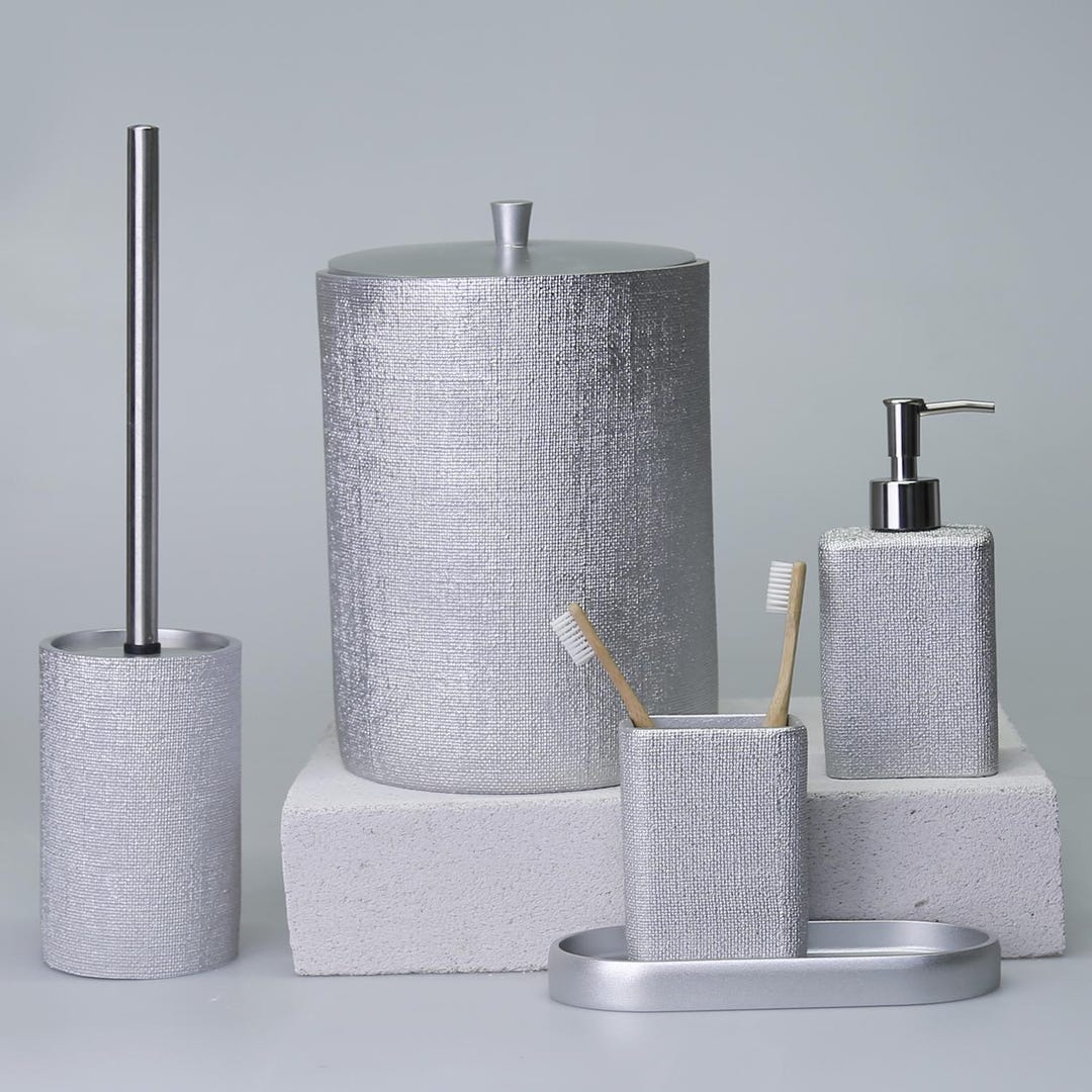 Linen Luxury Silver Bathroom Accessories Set / 5-pieces Bath Set With ...