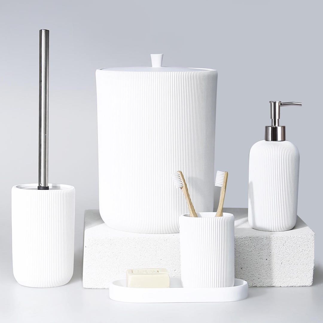 Lydia 5 Pieces Bathroom Accessories Sets in White Color With Dustbin ...