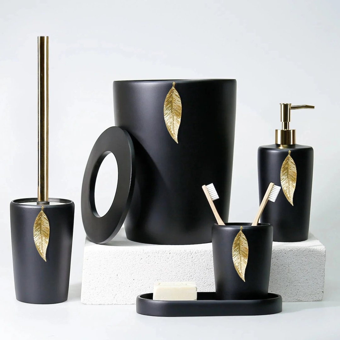 Leaf 5 Pieces Bathroom Set in Black and Gold Color / Dustbin, Toilet ...