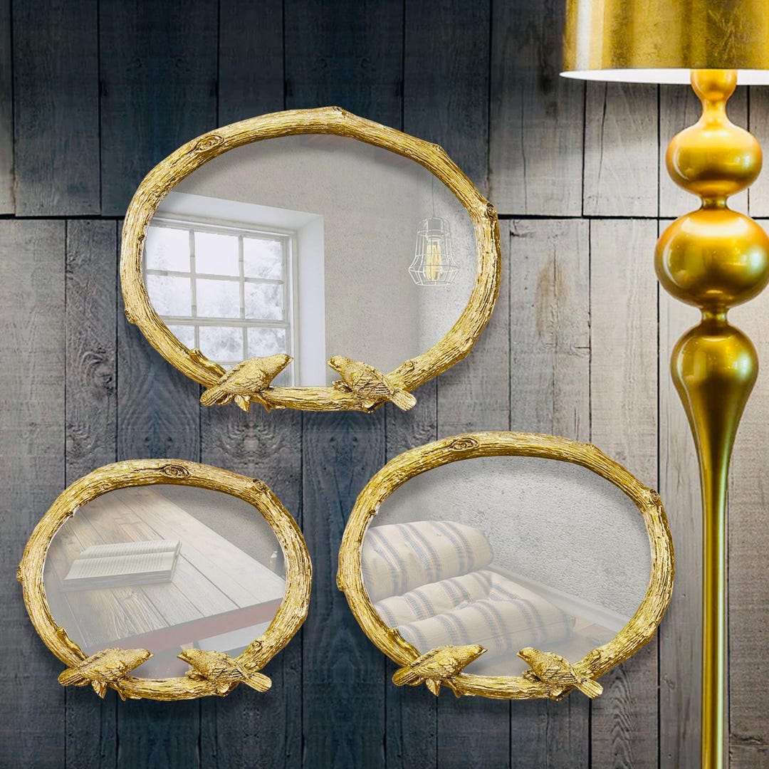 Birds Set of 3 Wall Mirrors in Gold Color / Resin Coating Frame ...