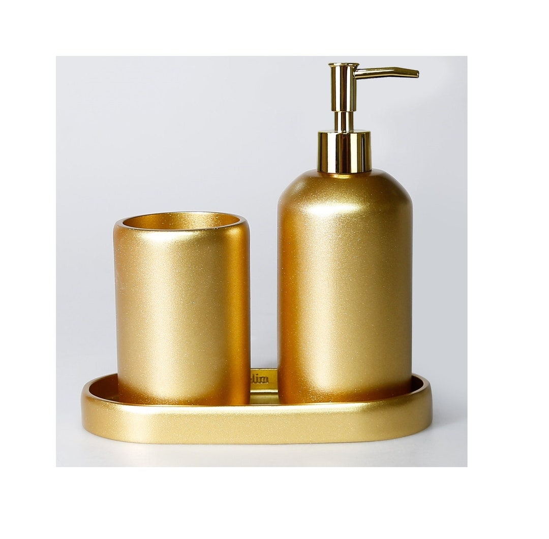 Smooth Bathroom Set in Gold Color / Soap Dispenser, Toothbrush Holder ...