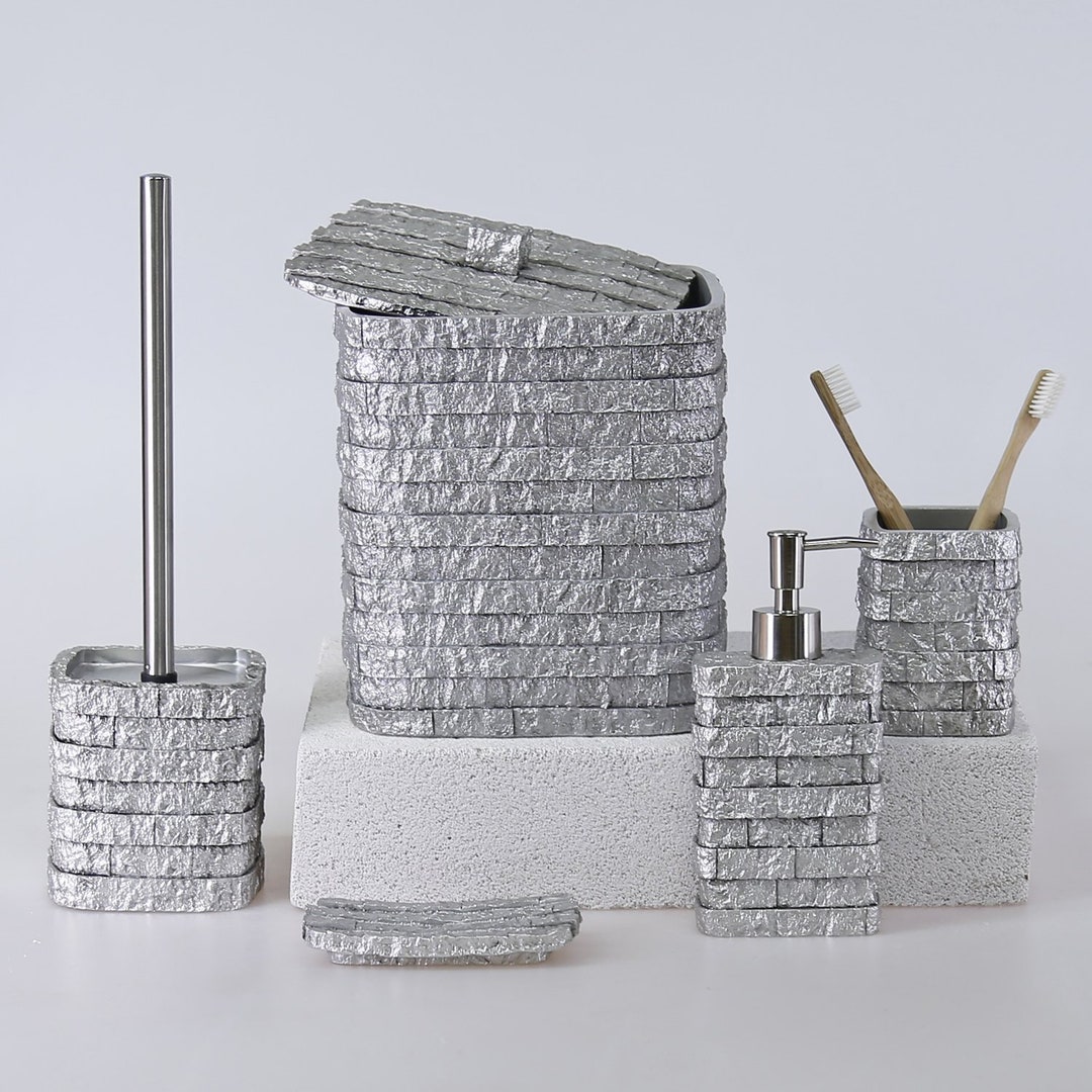 Silver Stone Resin Bathroom Set: 5-piece Modern Bath Accessories - Etsy