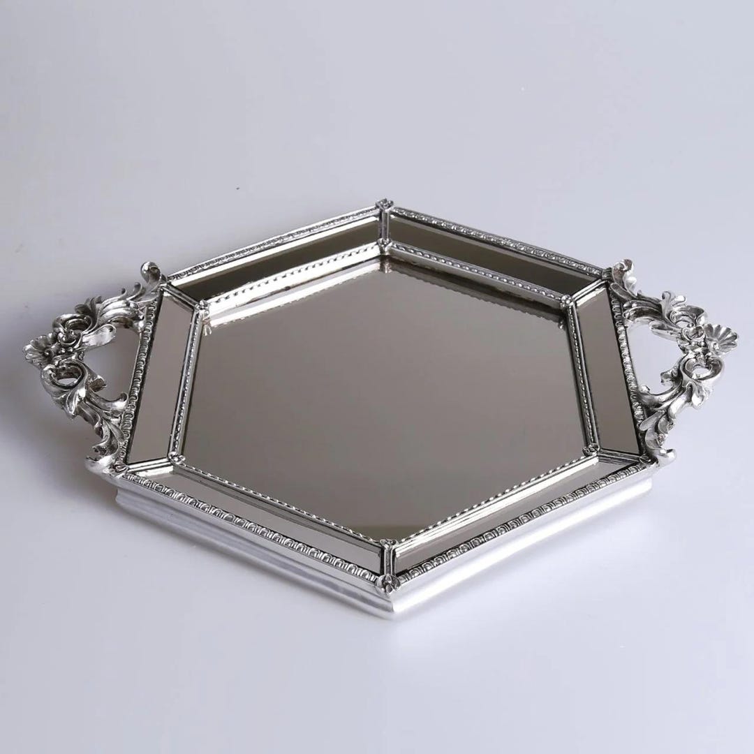 Luxury Hexagon Mirrored Tray With Ornate Handles for Vanity or Decor ...