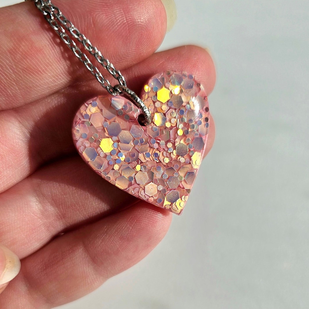 Light Pink Heart Necklace // Sparkly Pink Necklace-resin Jewellery-gift ...