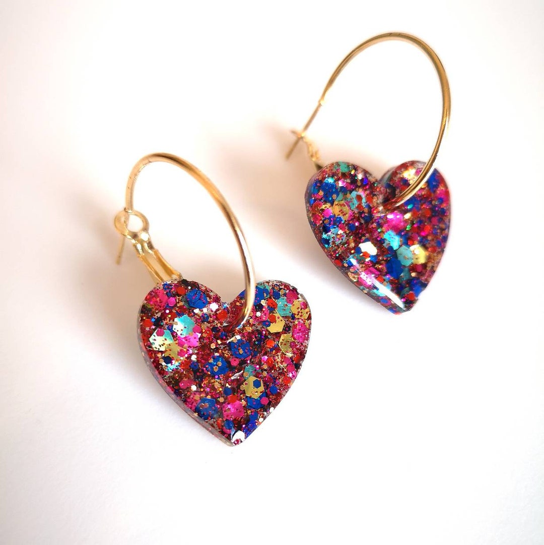 Rainbow Sparkly Glitter Hoops - Heart Shape Earrings - Gold Plated ...