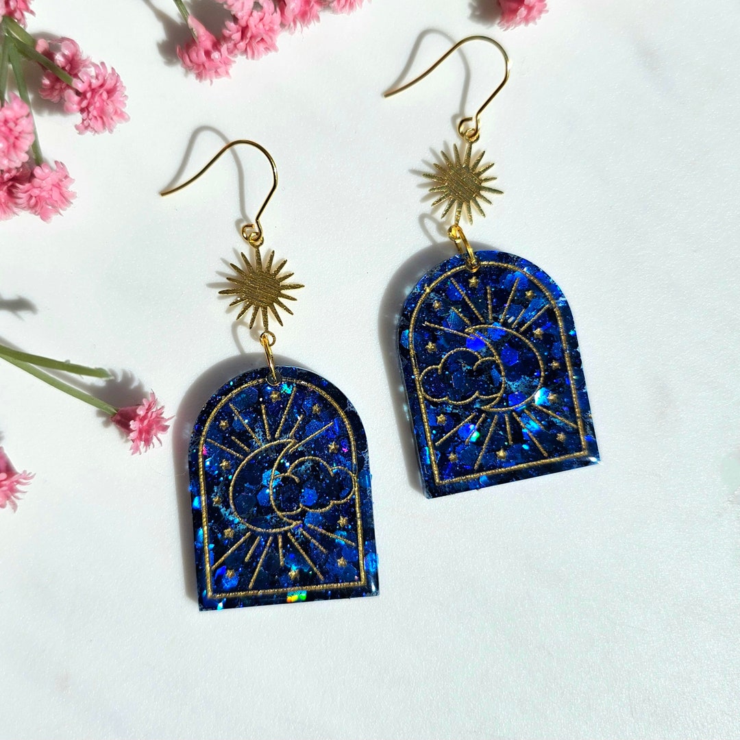 Royal Blue and Gold Stained Glass Window Earrings// Night Sky Dangle ...