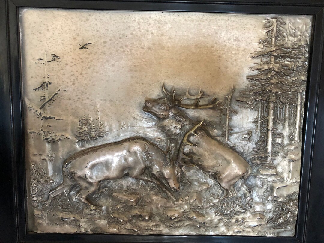 Fritz Diller Rutting Stags Silver Plated Bronzed High Relief 3D Antique ...