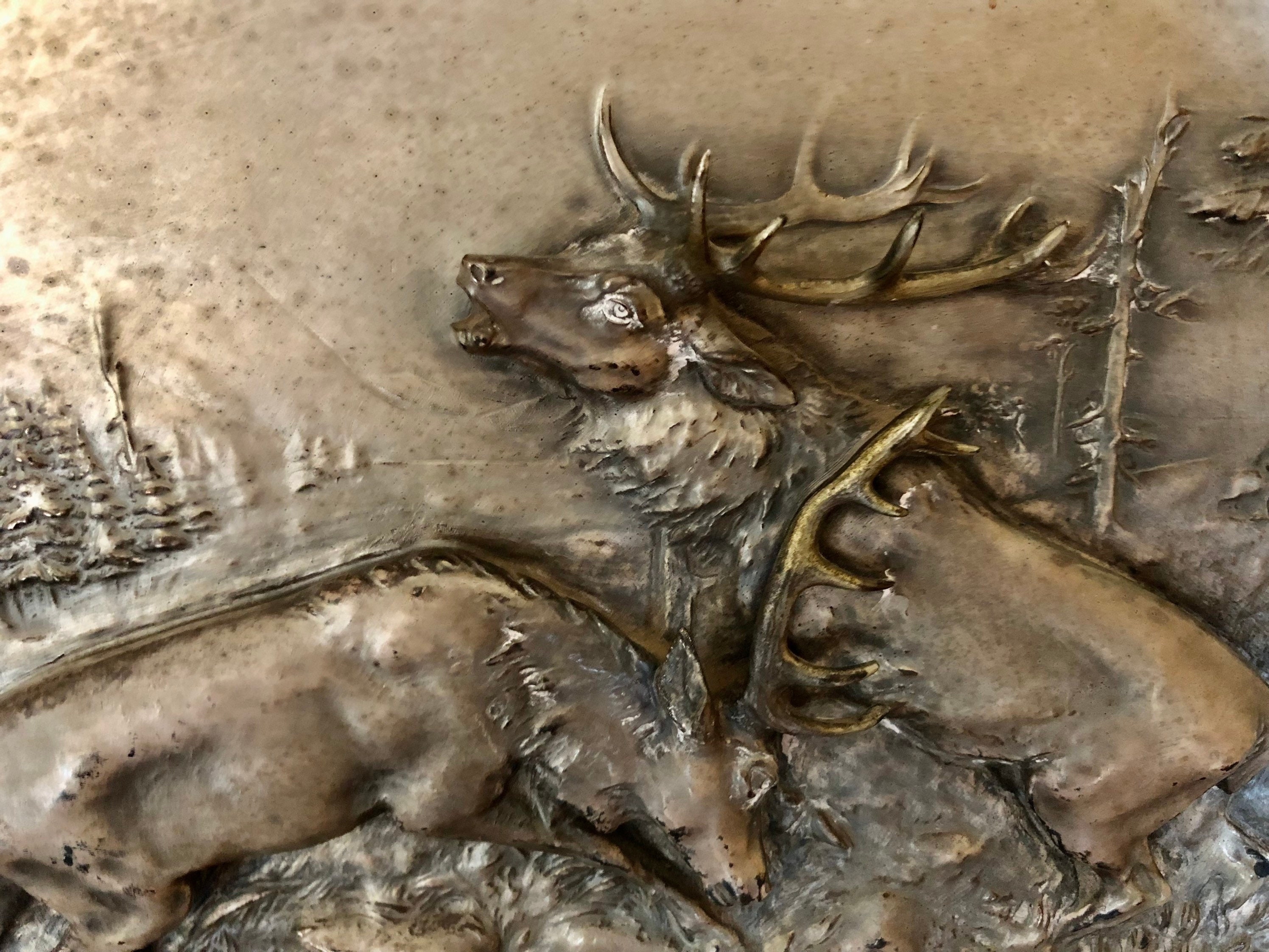 Fritz Diller Rutting Stags Silver Plated Bronzed High Relief 3D Antique ...