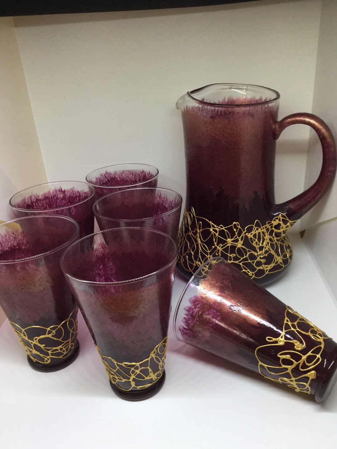 Unique Sculptural Art Glass Hand Decorated Jug and Six Matching Glasses ...