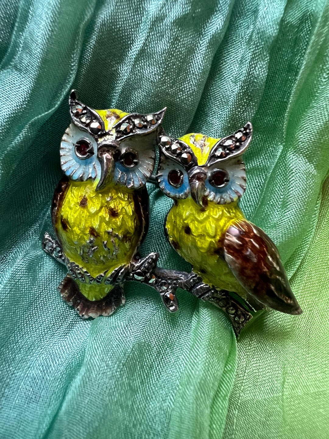Vintage Sterling Silver Owls on a Branch Brooch Enamel Marcasite and ...