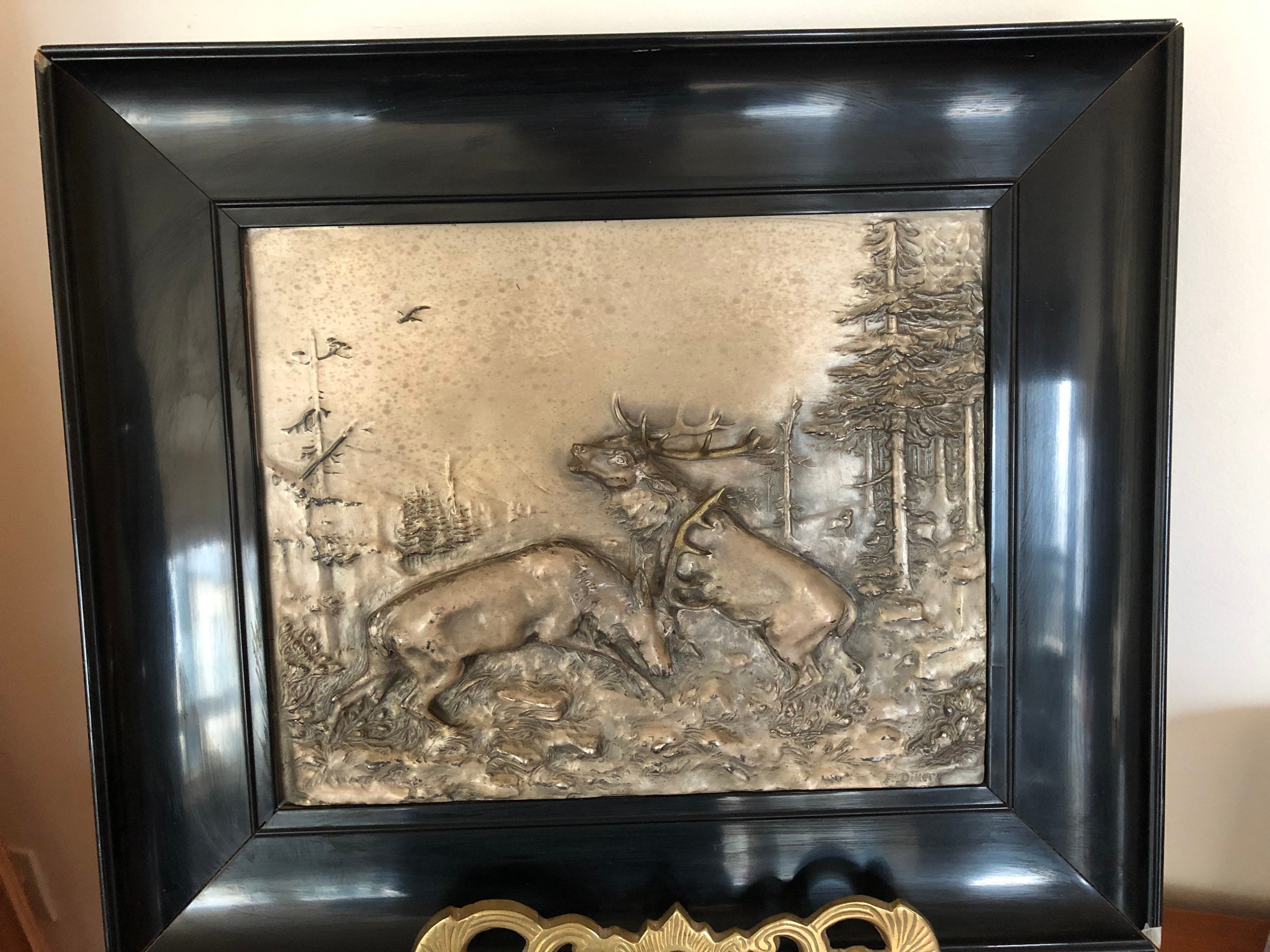 Fritz Diller Rutting Stags Silver Plated Bronzed High Relief 3D Antique ...