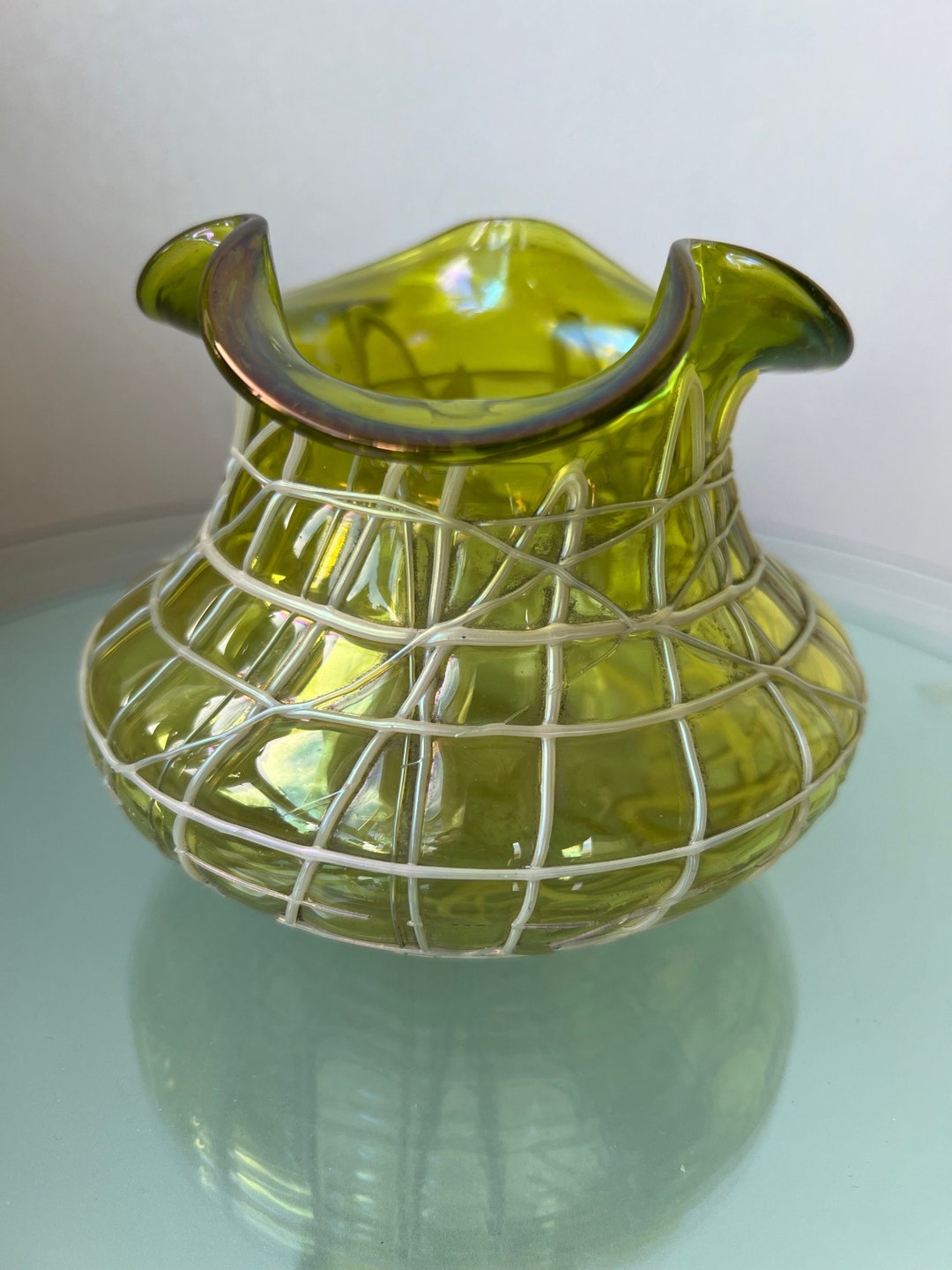 Art Nouveau Pallme Konig & Habel Iridescent Green Glass Vase With ...