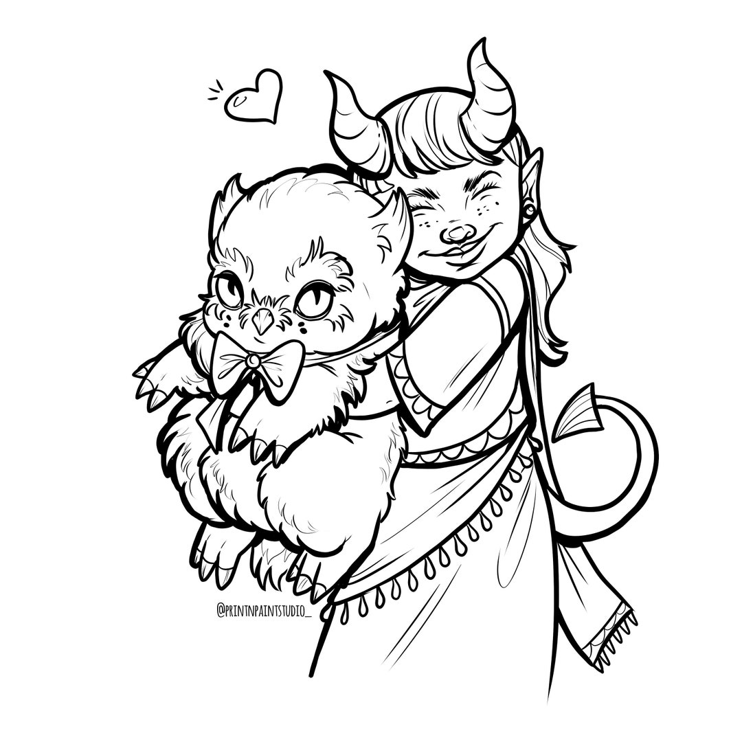 Dungeons & Dragons Coloring Book - Tiefling Child With Owlbear - Etsy