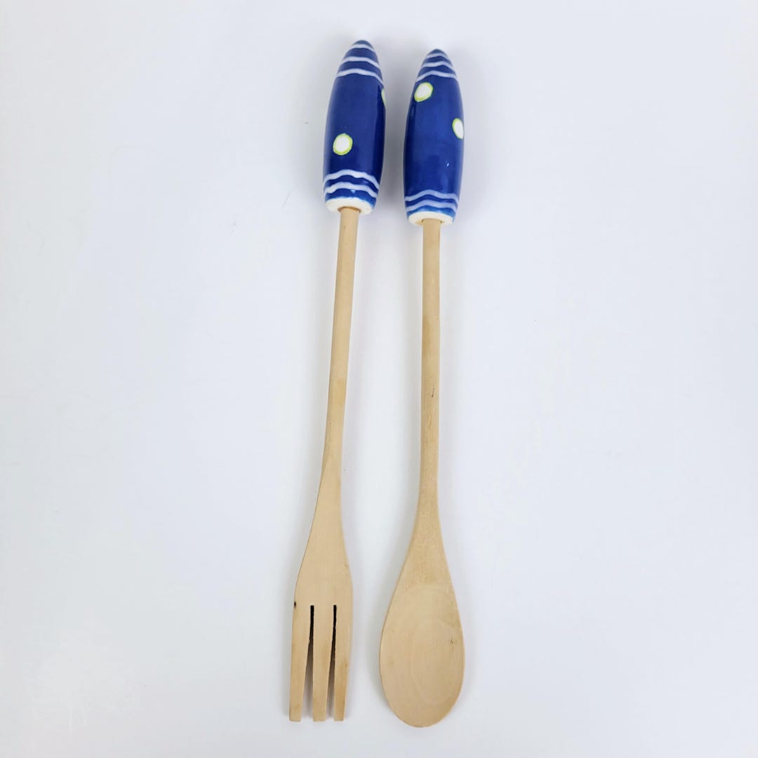 Wood Salad Serving Utensils Fork Spoon~blue Ceramic Handles~nautical ...