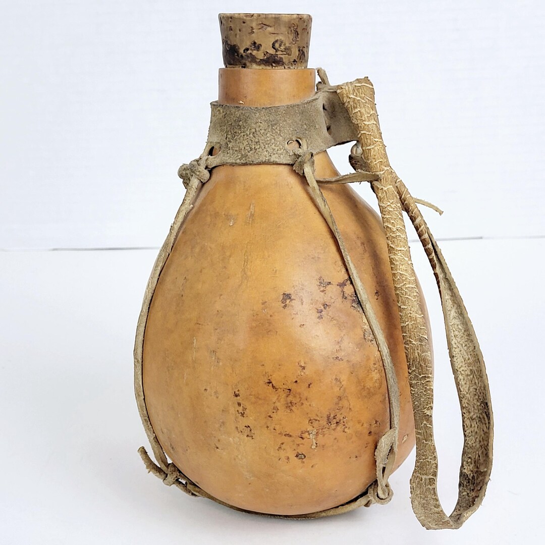 Vintage Water Canteen Jug~gourd W/leather Straps & Handle~corked ...