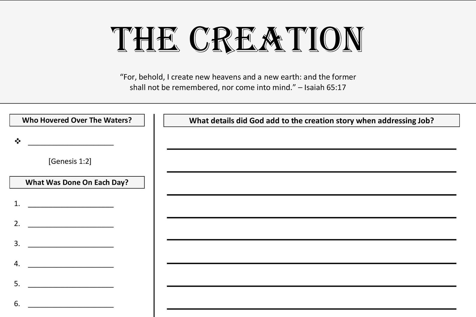 The Creation Bible Study Worksheets Bible Study Printable - Etsy