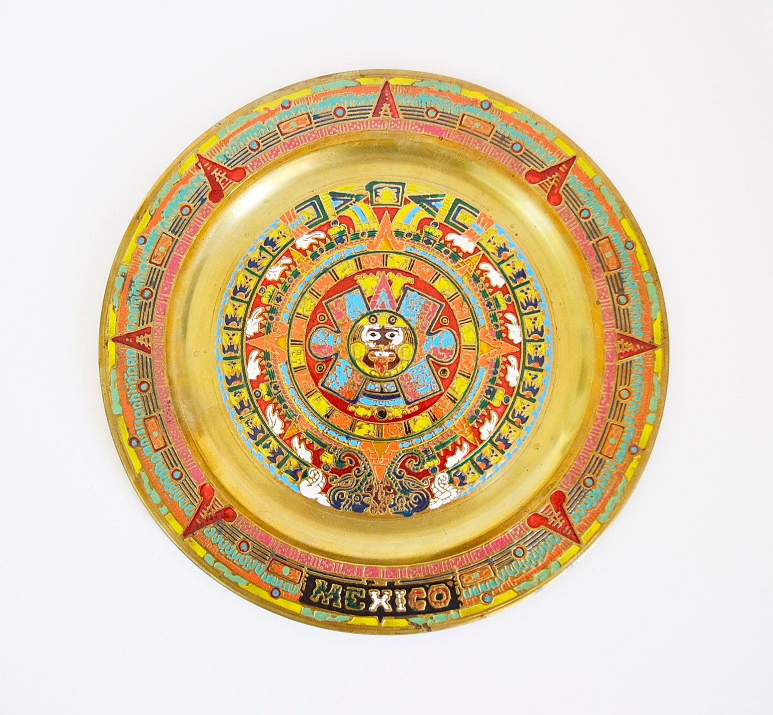 Aztec Sun Stone Calendar Collectible Brass Plate Wall Plaque Native ...