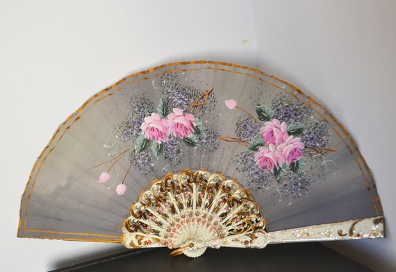 vintage spanish hand drawn fan, handmade fan, art dec… - Gem
