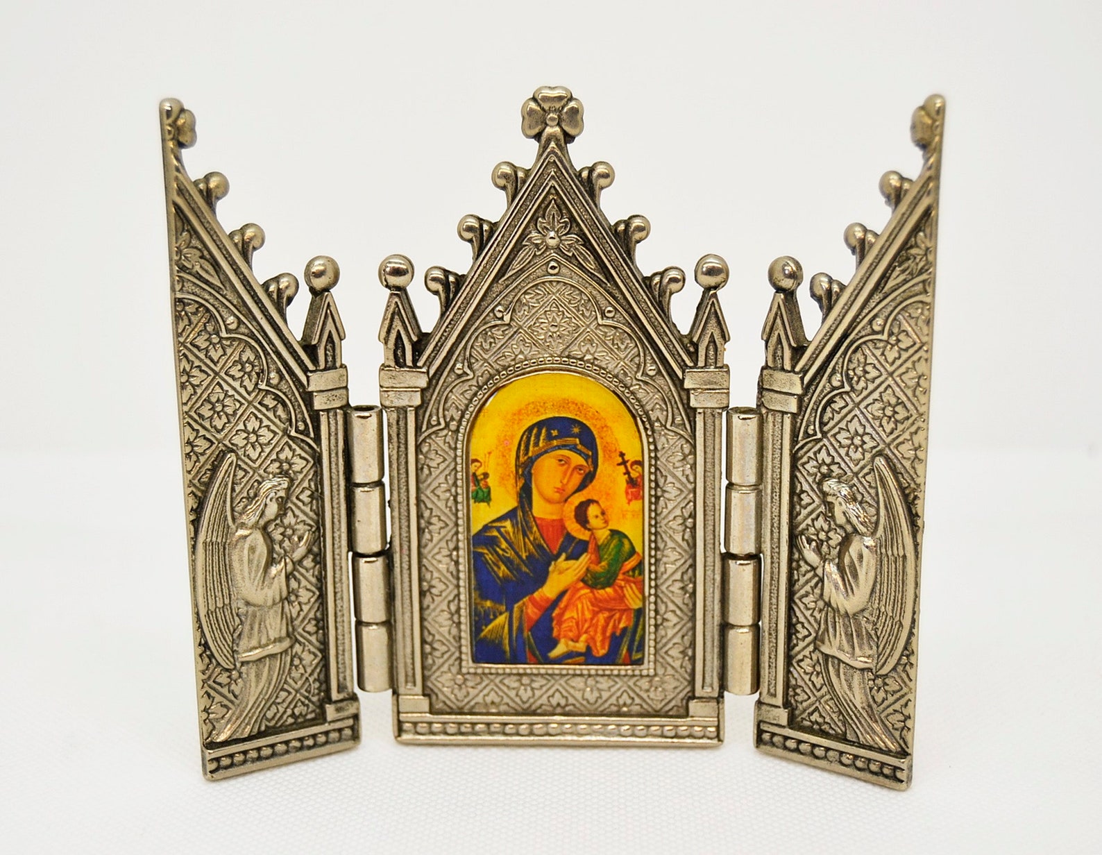Religious triptych Our Lady antique metal triptych reliquary | Etsy