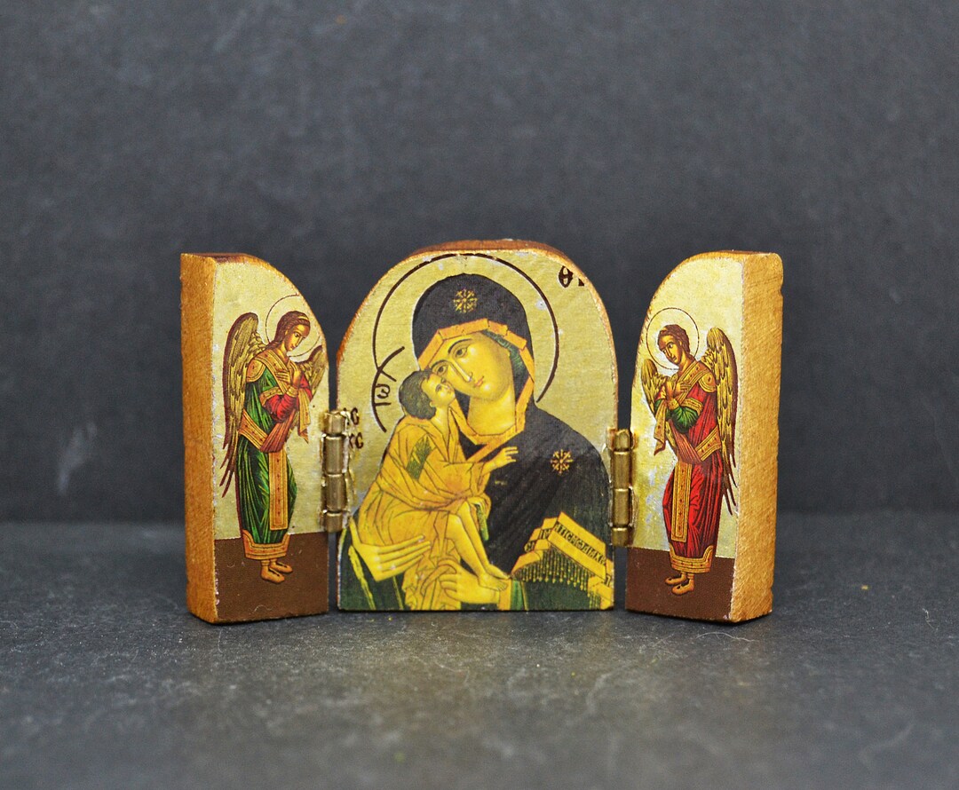 Small Triptych Wooden Icon, Orthodox Triptych Wooden Icon With Virgin Mary and Angels, Greek ...