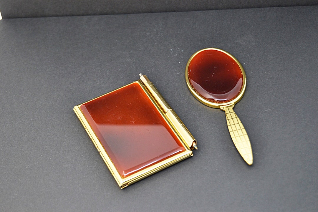 Vintage Mirror and Agenda, Vintage Pocket Phone Book, Address Book Gold ...