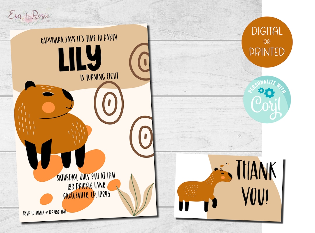 Capybara Birthday Invitation Template | Animal Party | Instant Digital ...