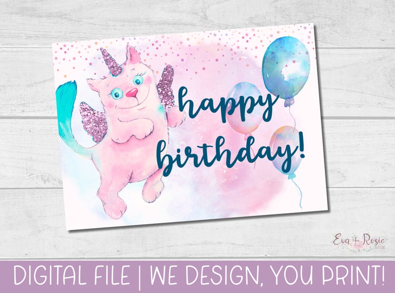 PRINTABLE Unicorn, Unicat, Cat, Watercolour, Watercolor Birthday Card ...