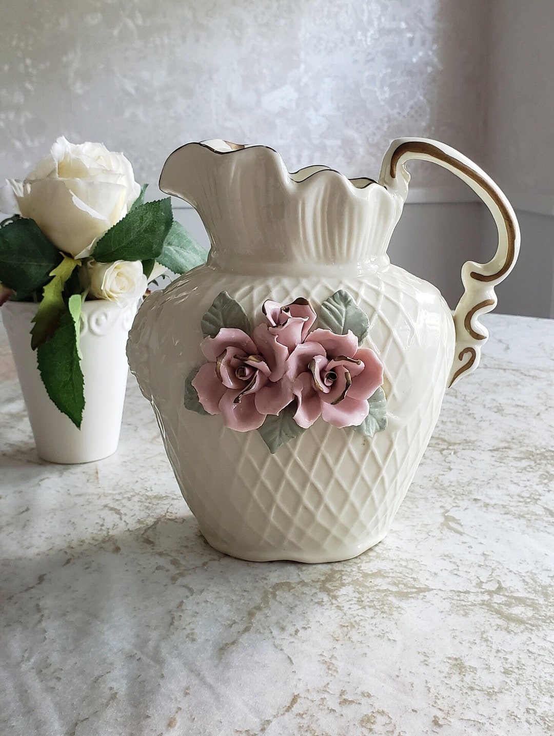 Hand Painted Pitcher With Raised Pink Roses and Lattice Pattern ...