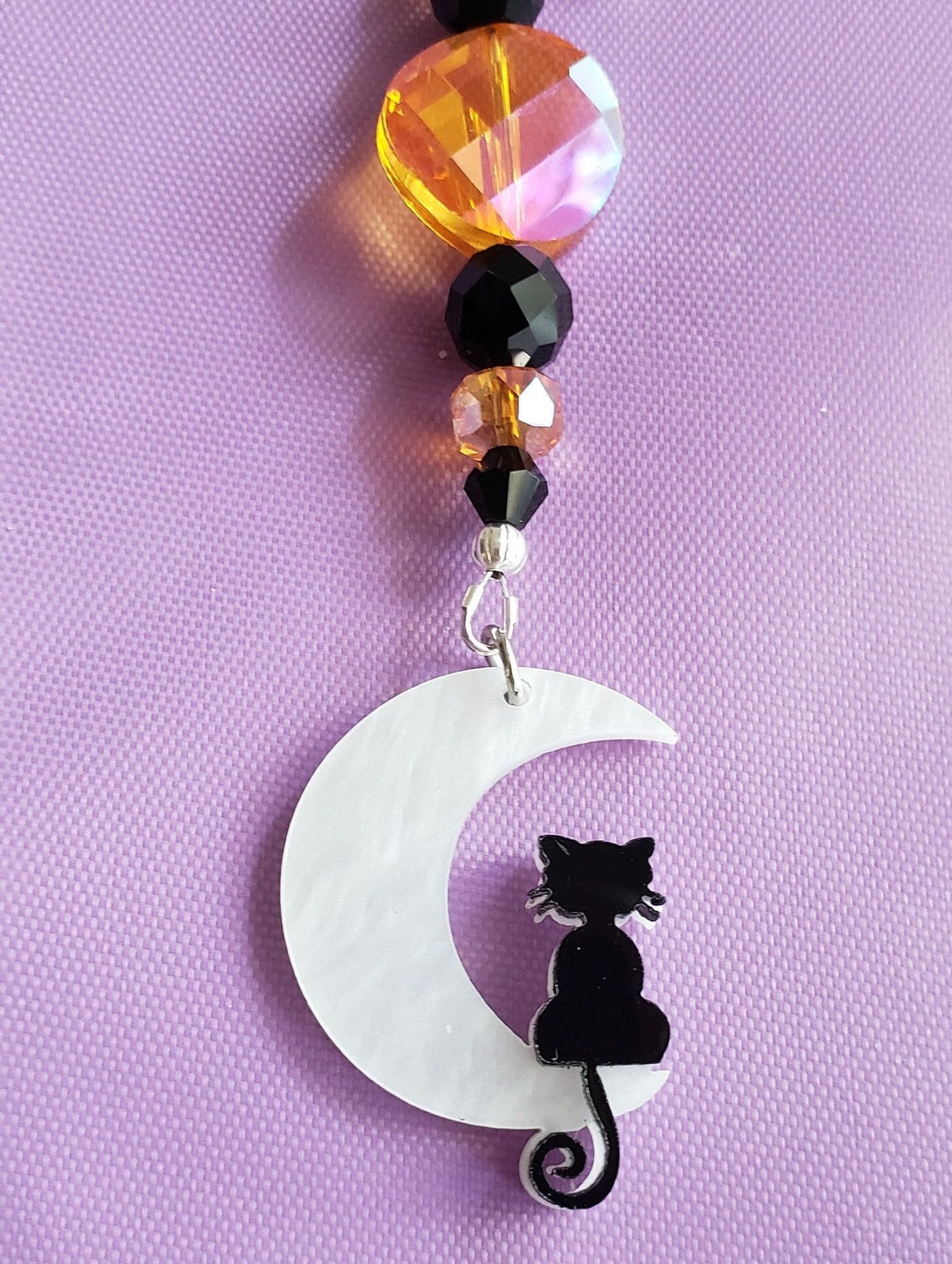 Cat on Crescent Moon Fob / Black Cat Scissor Fob / Cat Bag Charm ...