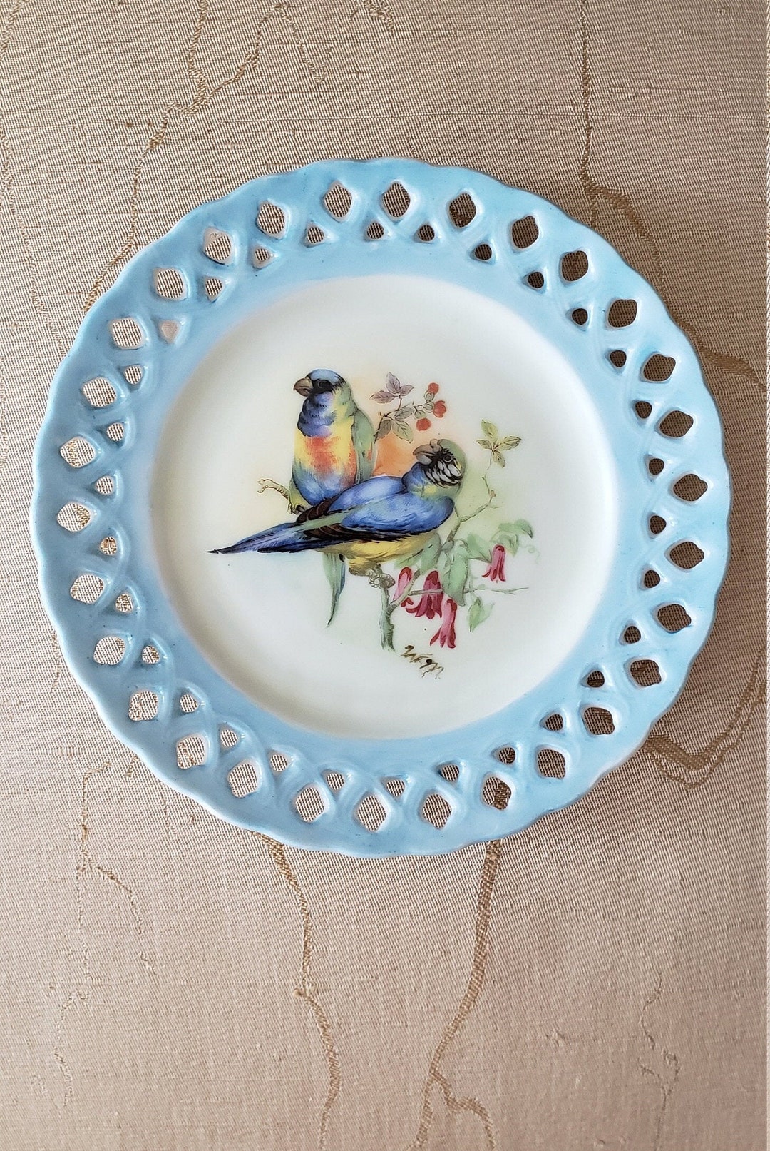 Blue Plate With Blue Parakeets / Vintage Pierced Porcelain Plate With ...