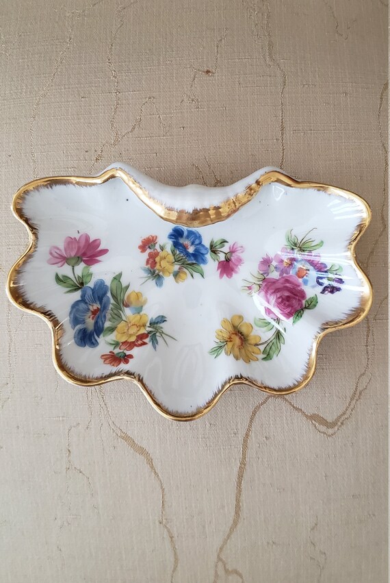Hand Painted Lefton China Clamshell Dish With Gilt and Flowers - Etsy
