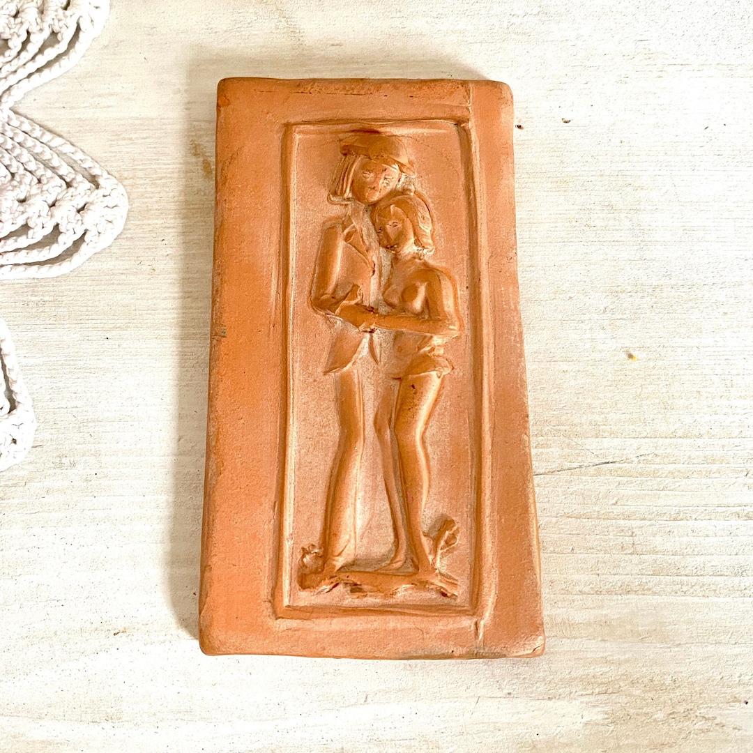 70s Terracotta Wall Plaque Handmade, Love Lovers Wall Hanging Decor ...