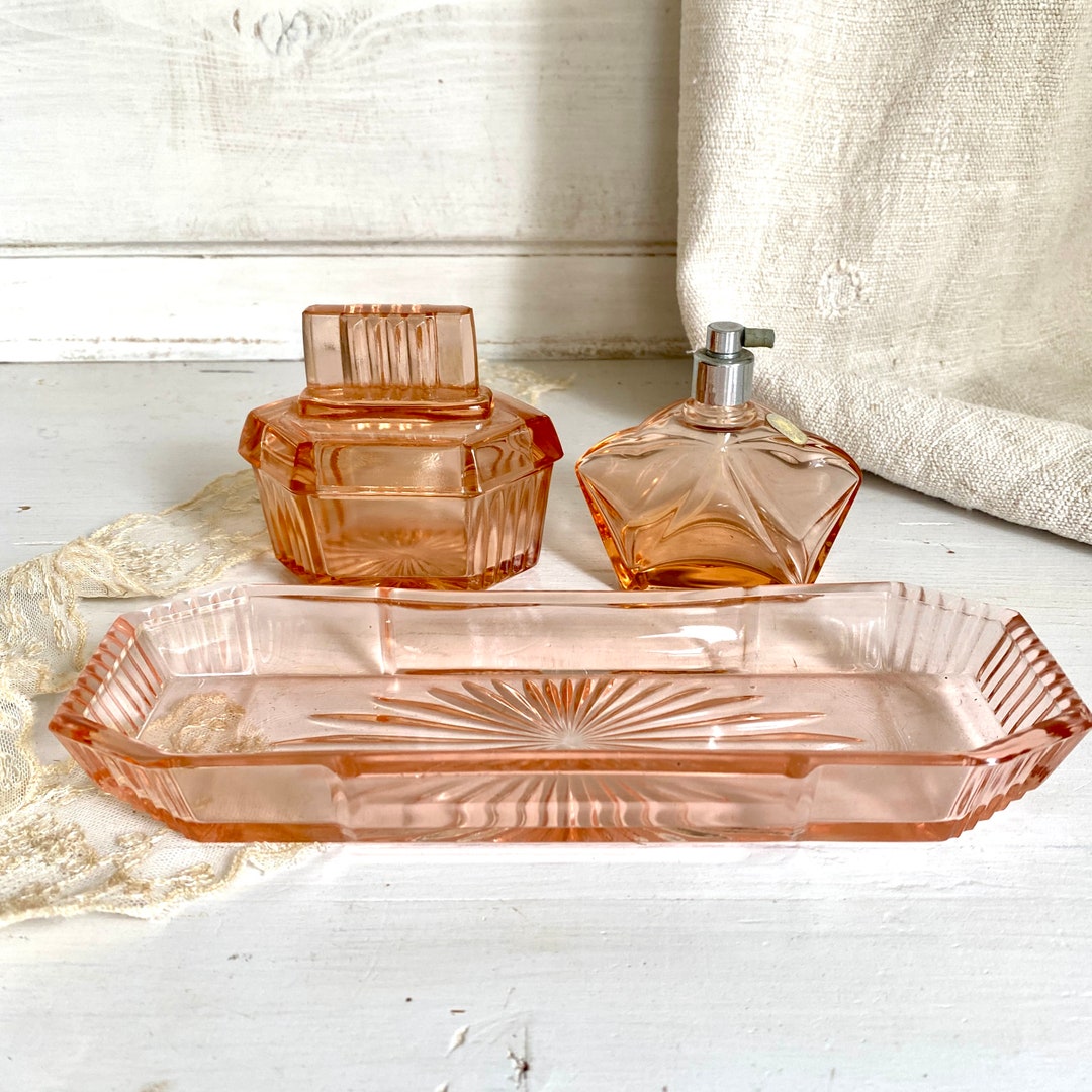 Antique Pink Depression Glass Vanity Set 1930s Perfume Bottle Tray ...