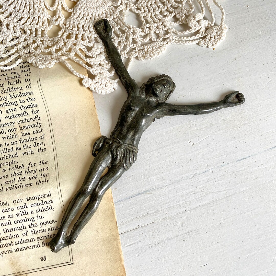Antique Jesus Christ Crucifix 1800s Pewter Figurine Vintage Religious ...