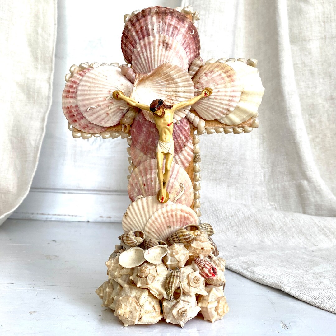 Vintage Seashell Crucifix 70s Standing Cross Coastal Souvenir Christian ...