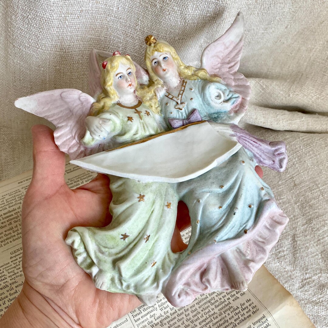 Antique 1900s Bisque Angel Figurine Fragment Hand Painted Wall Hanging ...