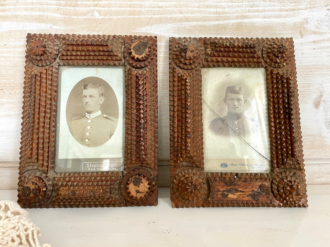 Antique Tramp Art Frames Wood Hand Carved 1800s German Folk Art Soldier ...