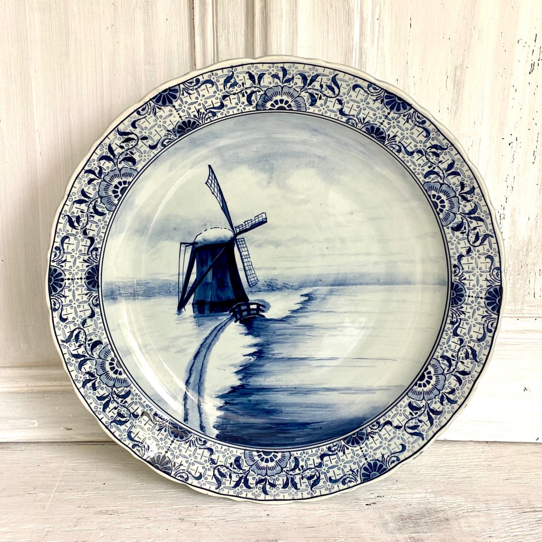 Blue Delft Wall Plate 50s Dutch Pottery Holland Ceramic Windmill Winter ...