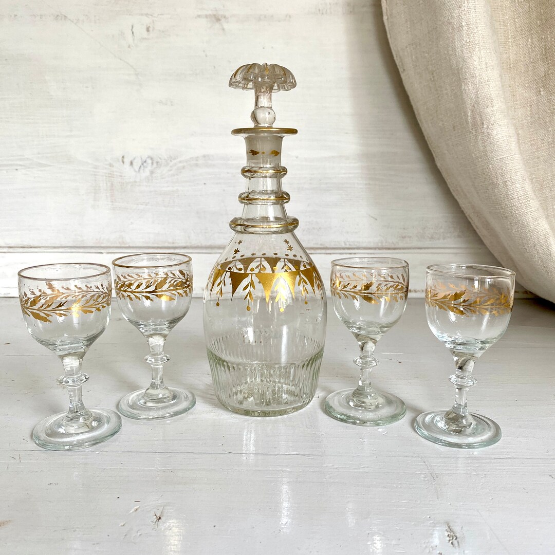 Antique Decanter Set Mid 1800s Hand Blown Glass Bottle Liqueur Cordial ...