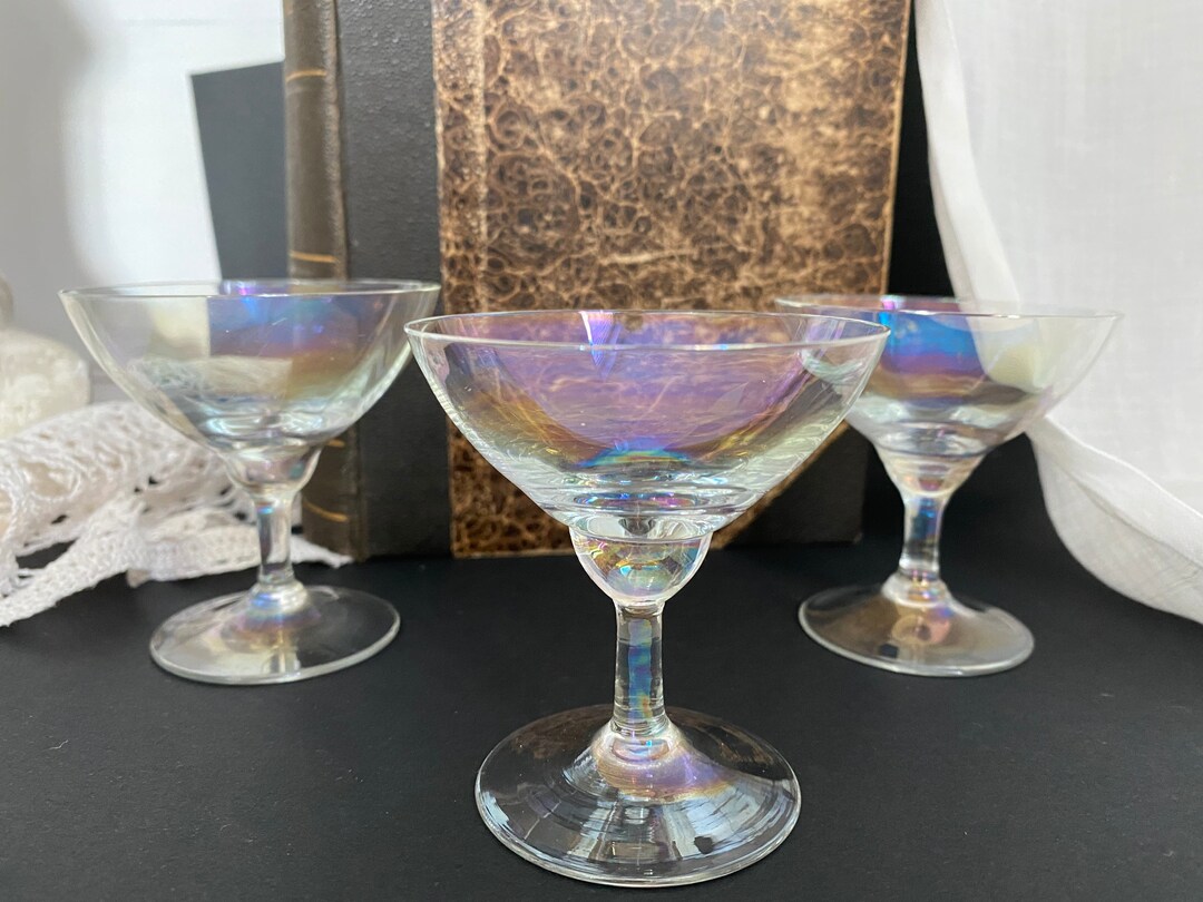 Vintage Stem Glasses Iridescent Goblets 1950s Set of 3 Small Liqueur Glasses Mid Century ...