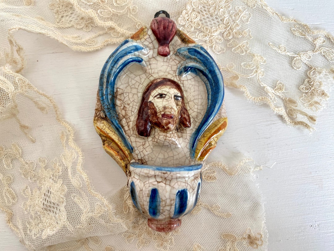 Italian Pottery Holy Water Font Jesus Christ Caltagirone Vintage ...